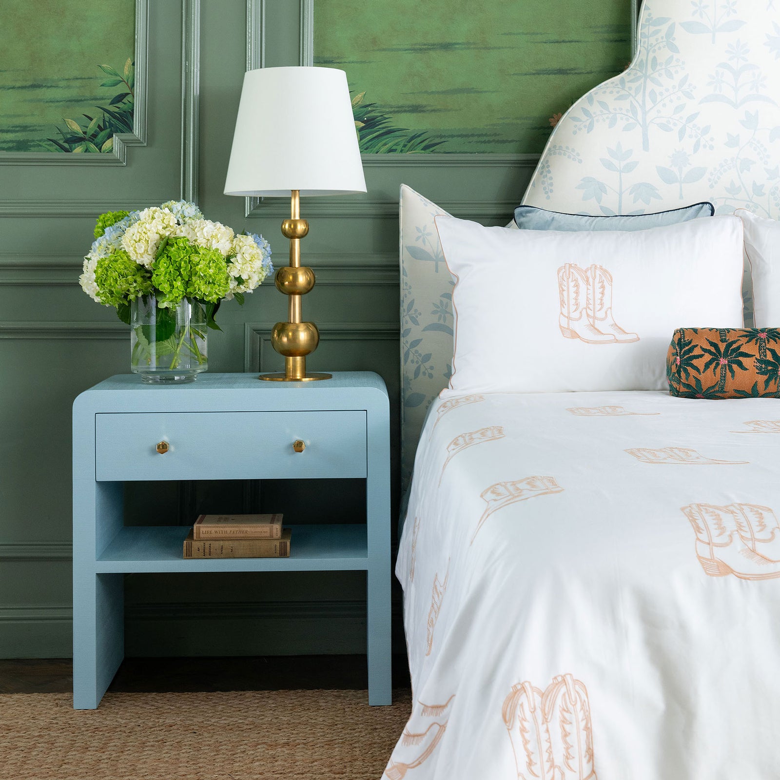 Pillow Bedside Table in Light Blue | Contemporary Nightstand in Faux ...