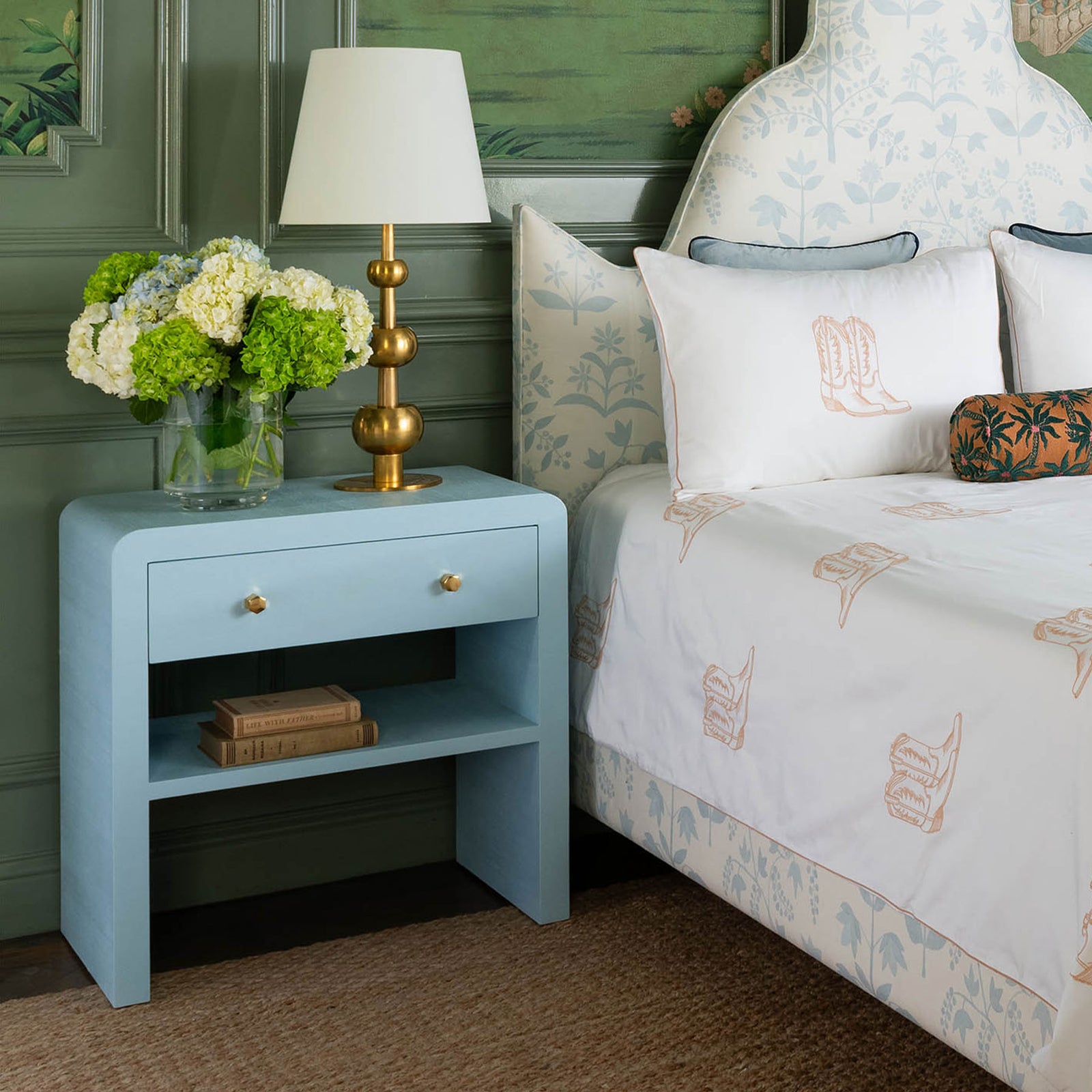 Pillow Bedside Table in Light Blue | Contemporary Nightstand in Faux ...