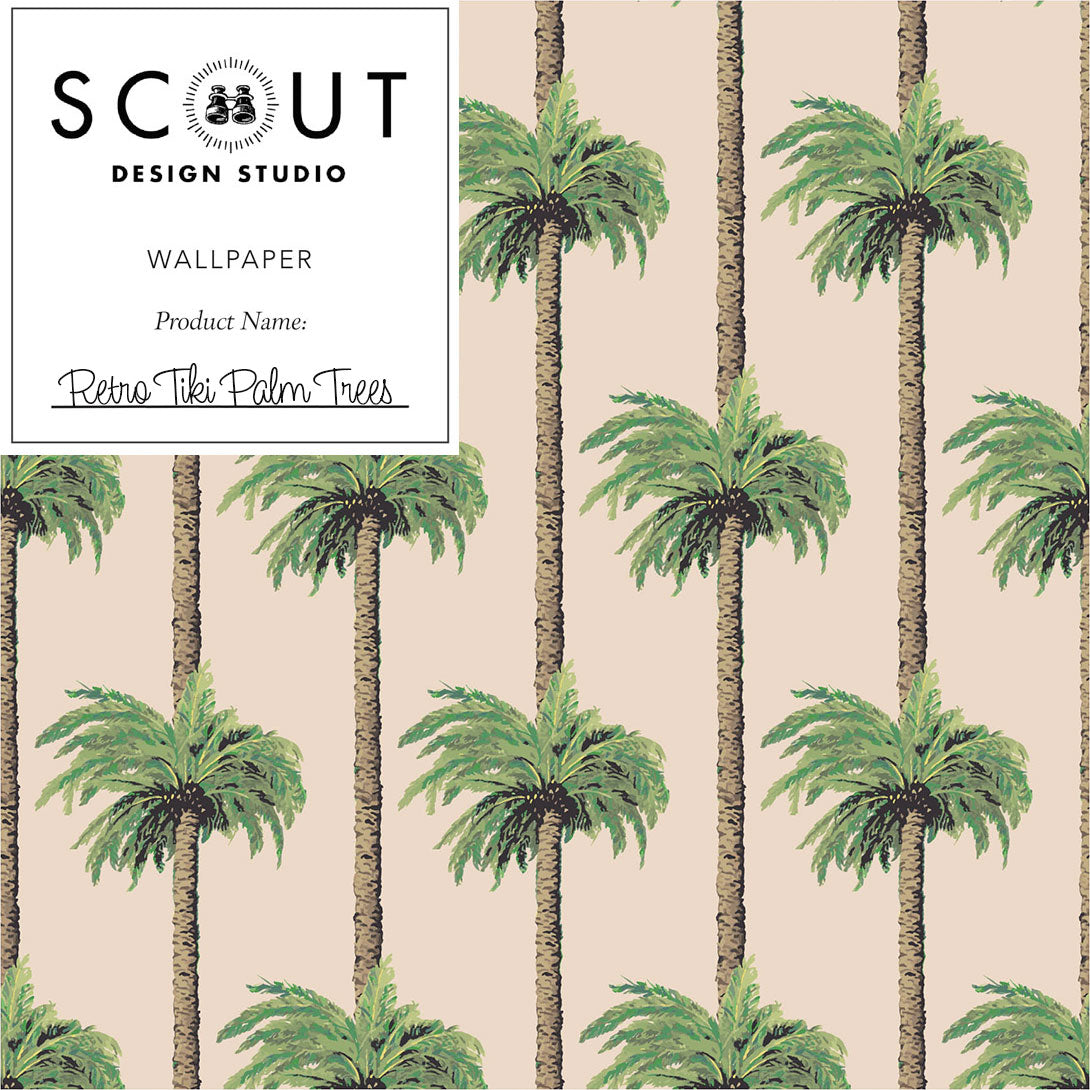 Retro Tiki Palm Trees Wallpaper in Tan Sample | Wallpaper Sample ...